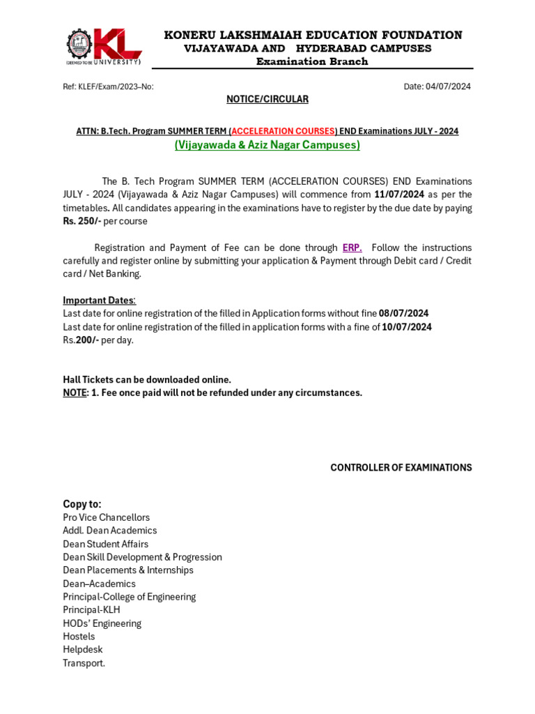 Notification For B Tech Program SUMMER TERM ACCELERATION COURSES | PDF