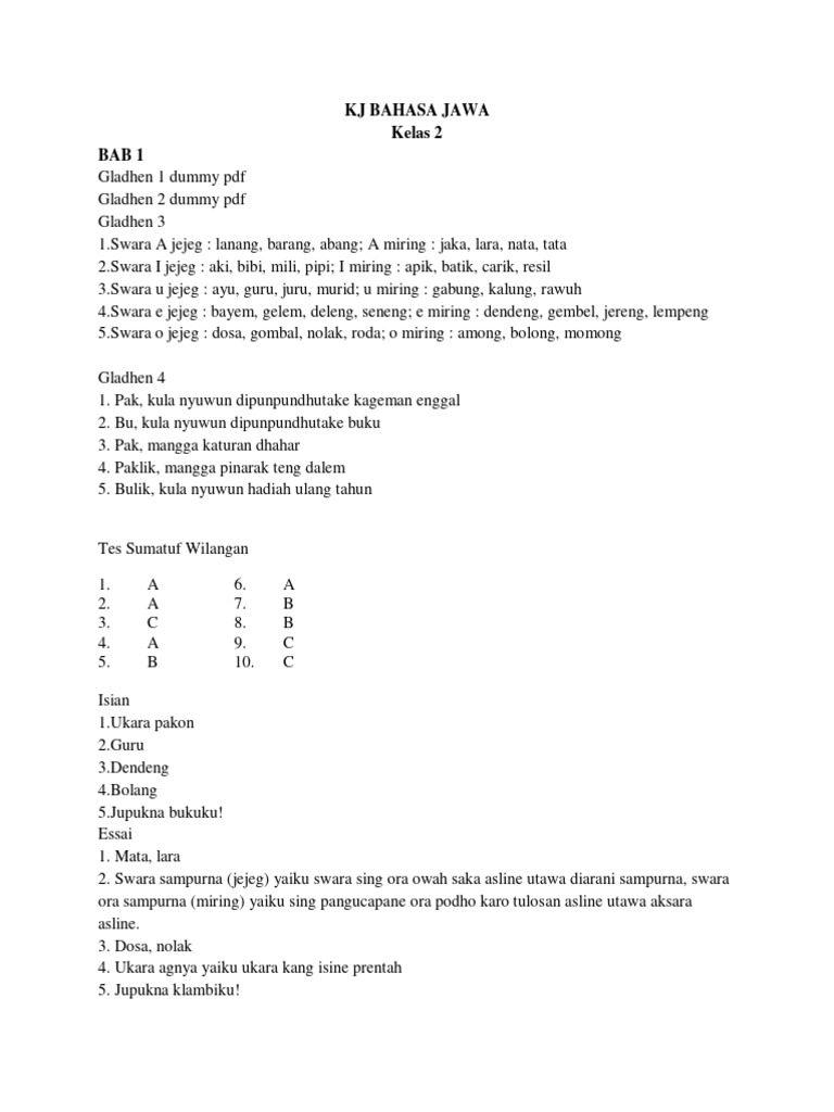 KJ BAHASA JAWA Kelas 2 Dan 5 | PDF