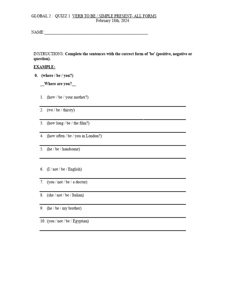 Verb To Be & Simple Present Quiz | PDF