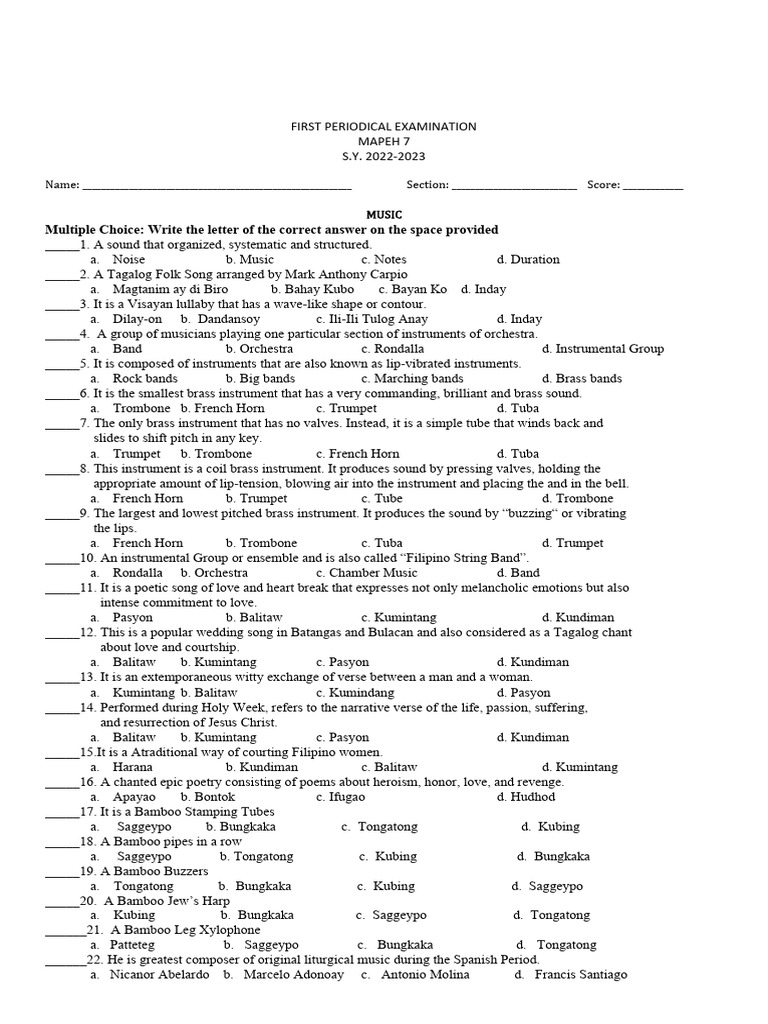 MAPEH 7 First Periodical Exam Guide | PDF | Brass Instruments | Adolescence