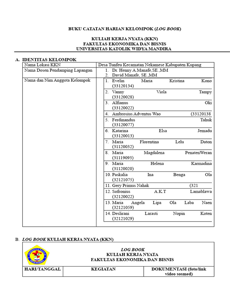 Log Book KKN Desa Tunfeu 2024 | PDF