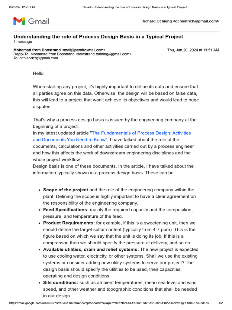 Gmail - Understanding The Role of Process Design Basis in A Typical ...