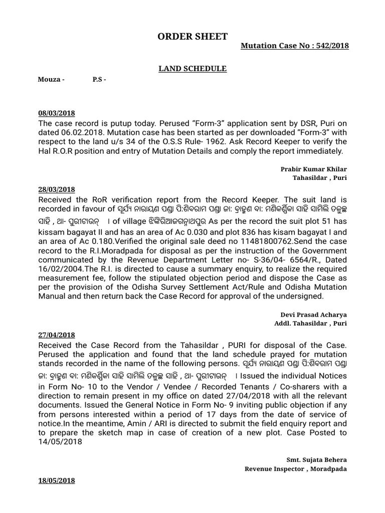 Order Sheet: Mutation Case No: 542/2018 Land Schedule | PDF