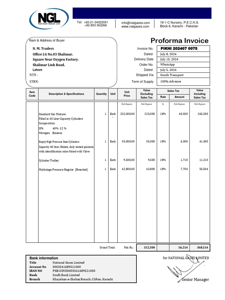075 - PI NM Traders - SF6+N2 Mix | PDF | Invoice | Gases