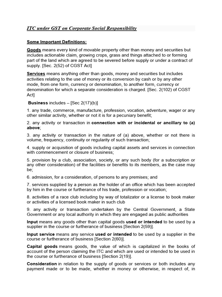 ITC Under GST On Corporate Social Responsibility | PDF | Corporate Social Responsibility | Business