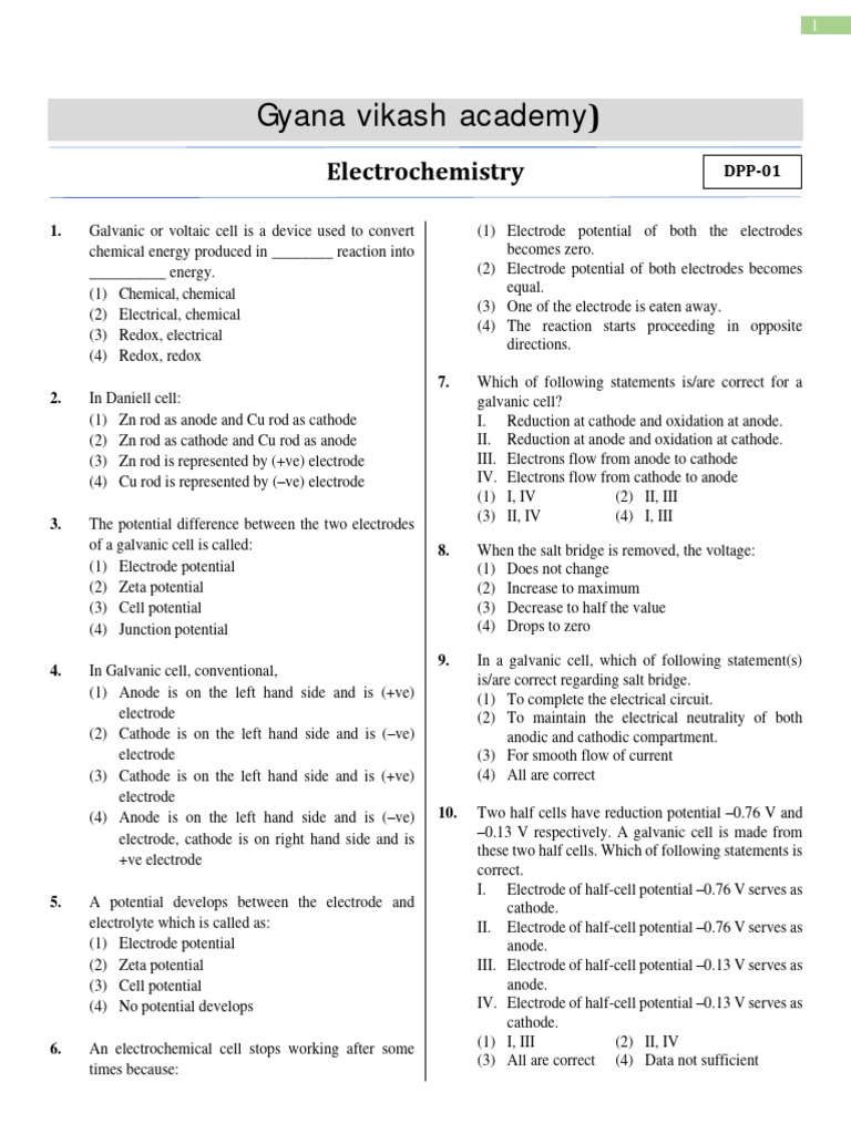 Electrochemistry Quiz for Students | PDF | Anode | Electrode