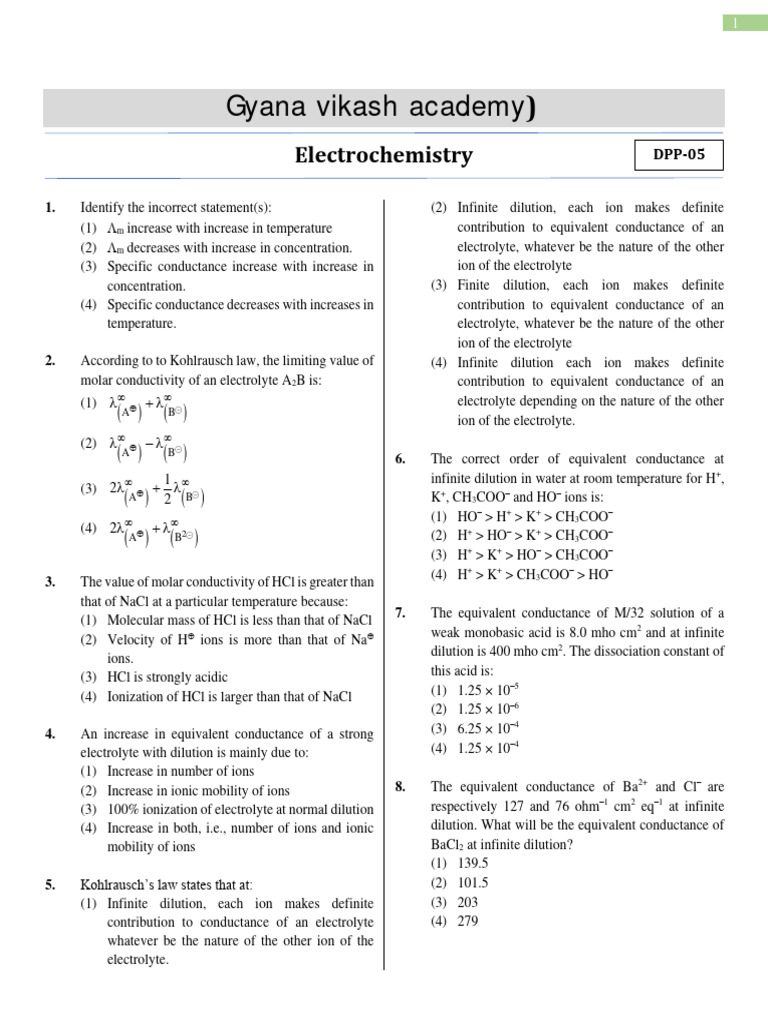 64d082f1fa2df9001834ada9 ## Electrochemistry DPP 05 of Lec 07 Yakeen | PDF | Chemistry ...