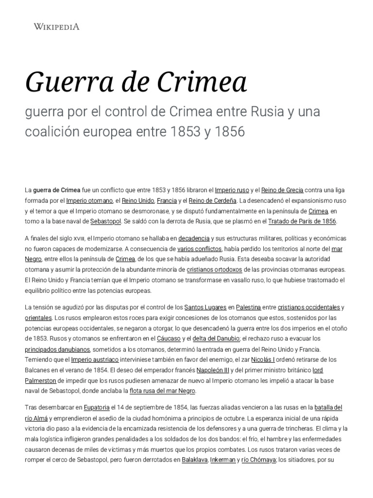 Guerra de Crimea - Wikipedia, La Enciclopedia Libre | PDF | Guerra de ...