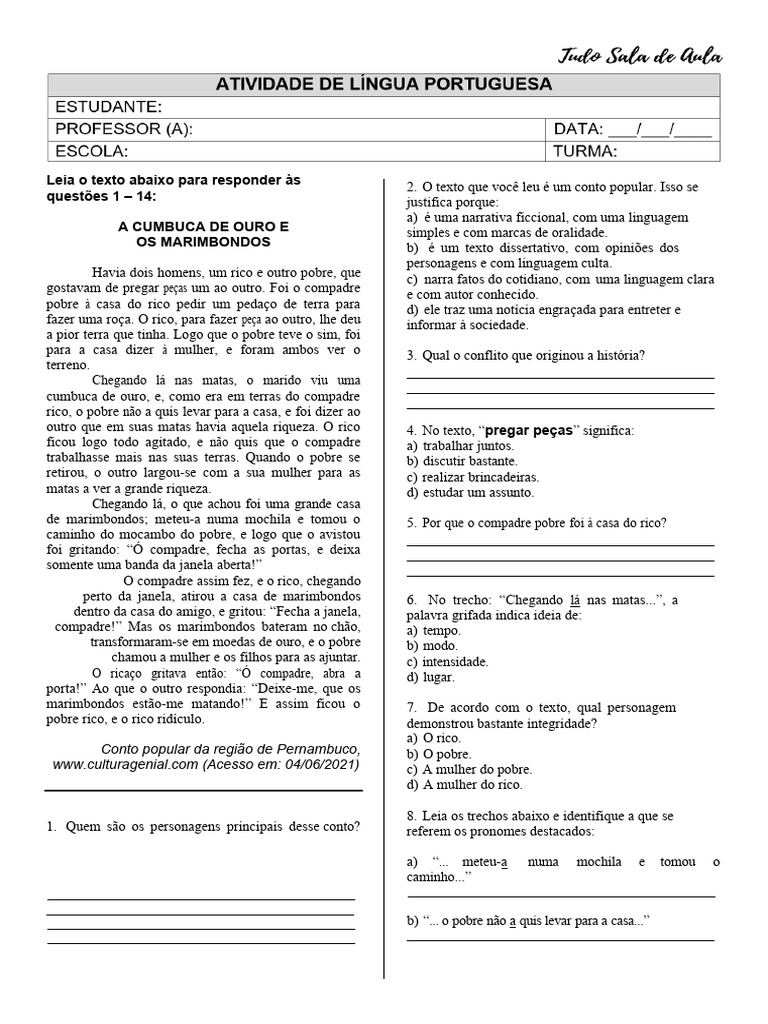 Atividades sobre "A Cumbuca de Ouro" | PDF | Contos