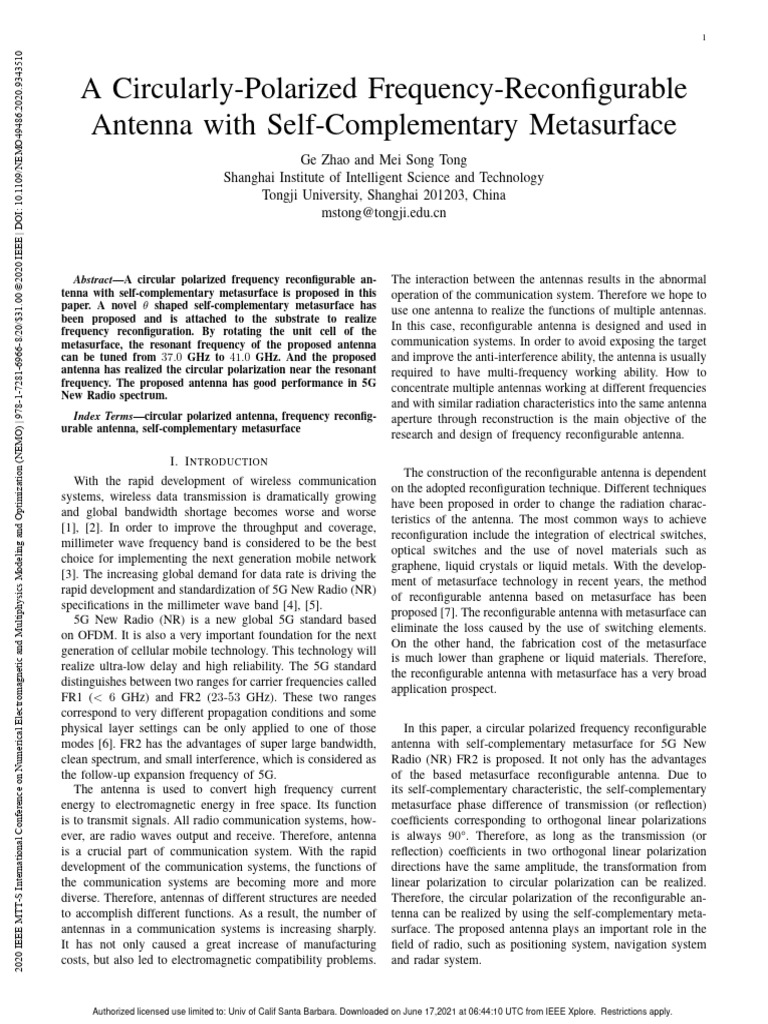 Metasurface Reconfigurable | PDF | Antenna (Radio) | Radio