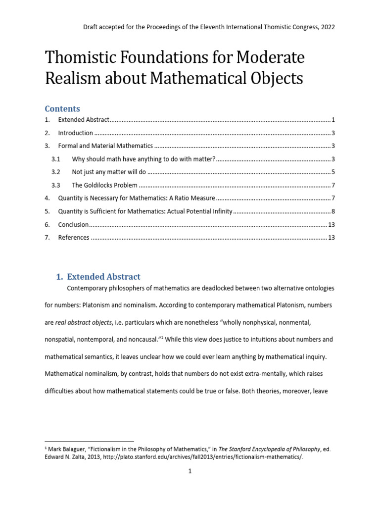 Thomistic Foundations For Moderate Realism About Matematical Objects ...