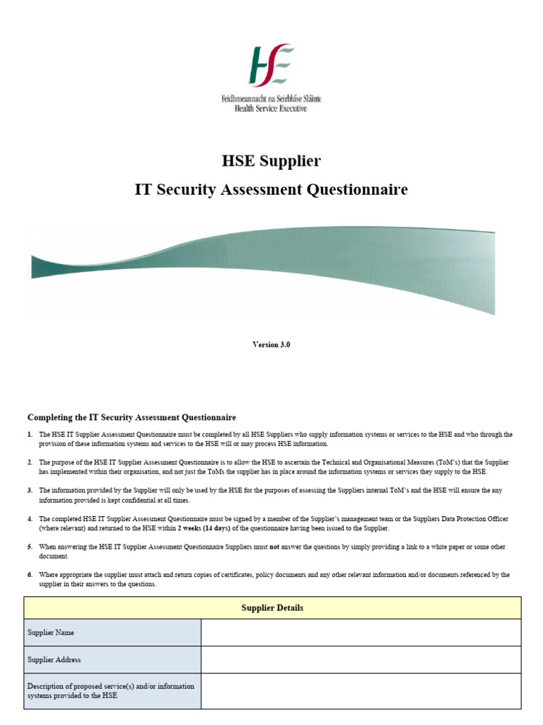Hse Supplier It Security Assessment Questionnaire | PDF | Backup | Cloud Computing