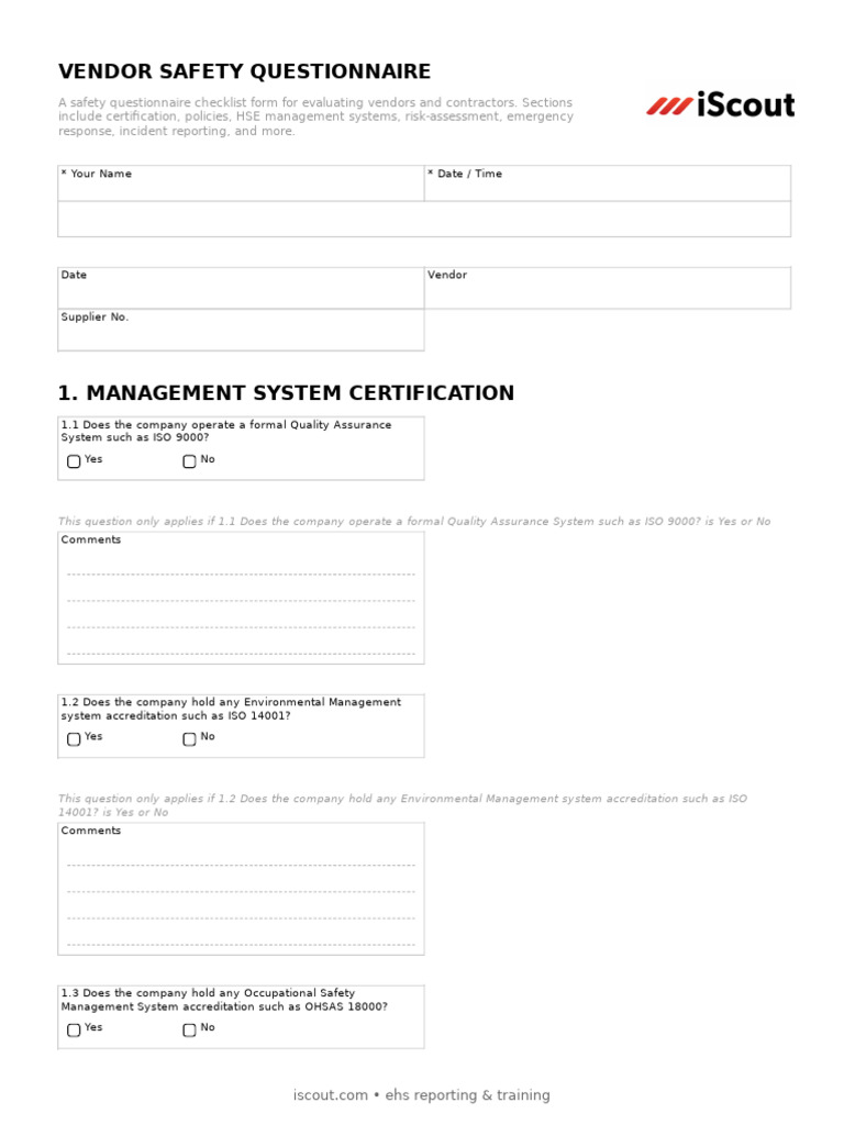 Vendor Safety Questionnaire Form | PDF | Emergency | Performance Indicator