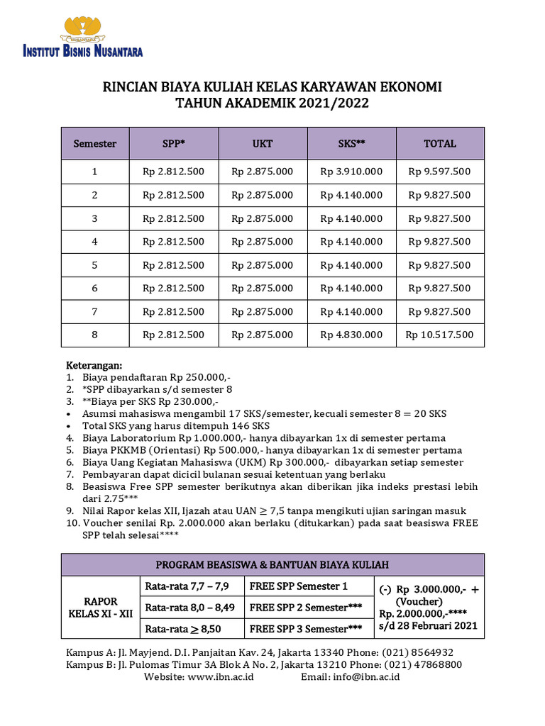 Rincian Biaya Kuliah Kelas Karyawan 2021 1 | PDF