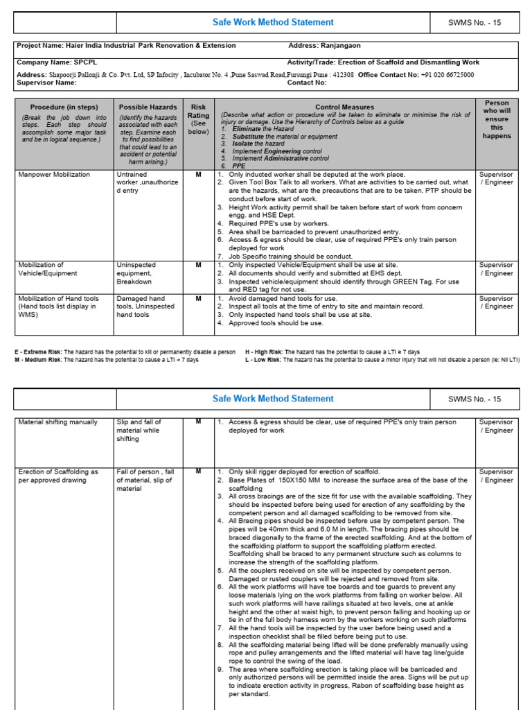 Erection and Dismentaling of Scaffold SWMS | PDF | Personal Protective ...