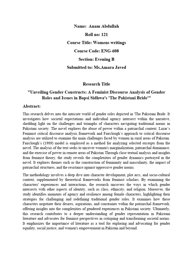 Anam Abdullah Roll No 121 | PDF | Gender | Gender Studies