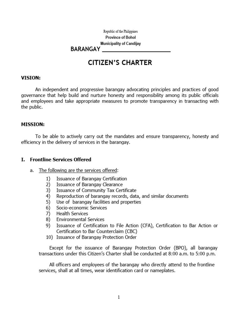 DRAFT-CITIZEN-CHARTER-FOR-BARANGAY | PDF | Political Corruption | Mediation