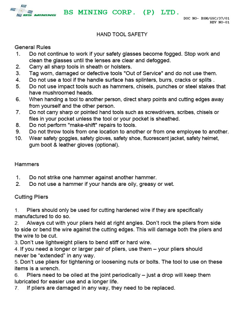 2 BSM SPECIFIC Safty Clauses | PDF | Screw | Tools