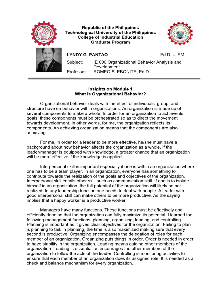Module 1 Insights of Lyndy Pantao | PDF | Organizational Behavior ...
