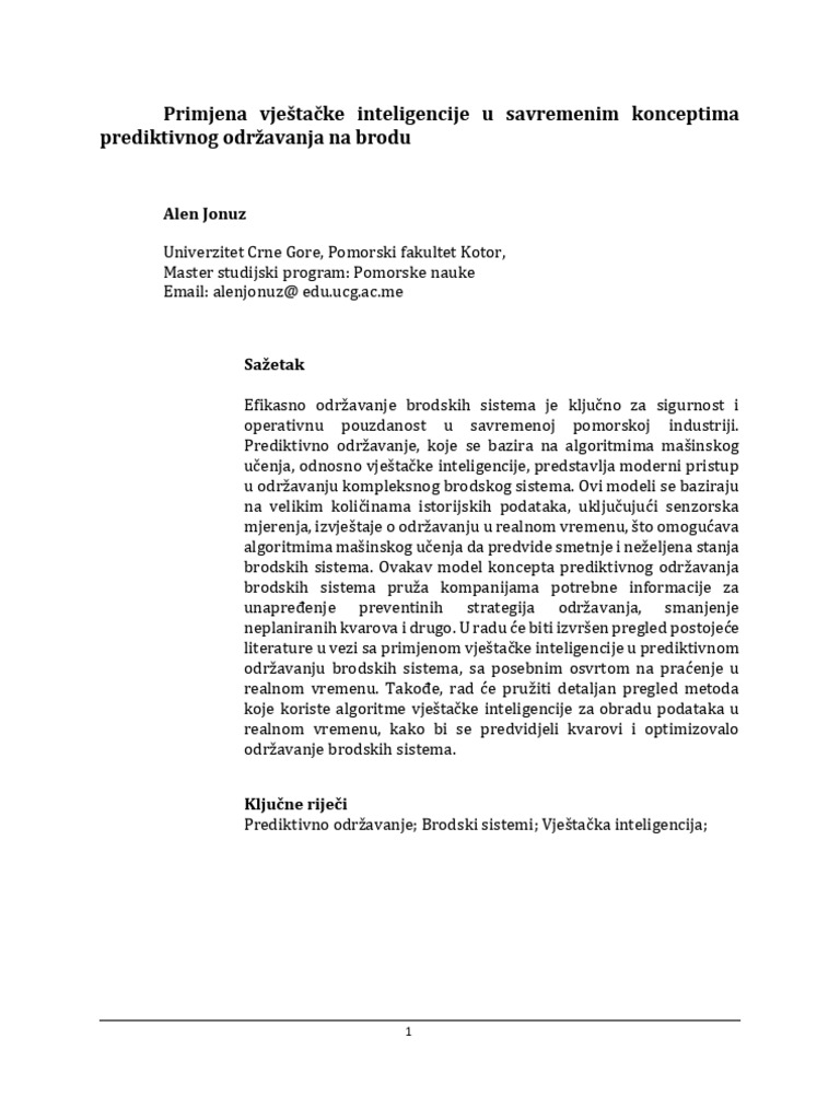 Primjena Vještačke Inteligencije U Savremenim Konceptima Prediktivnog Održavanja Na Broduinarski ...
