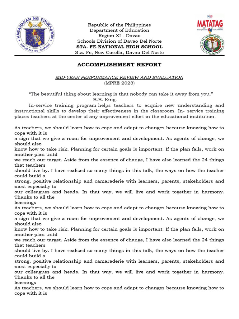 MPRE-InSET Accomplishment Report | PDF | Teachers | Learning