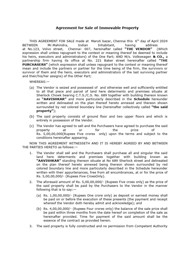 Agreement For Sale of Immovable Property | PDF | Deed | Mortgage Law