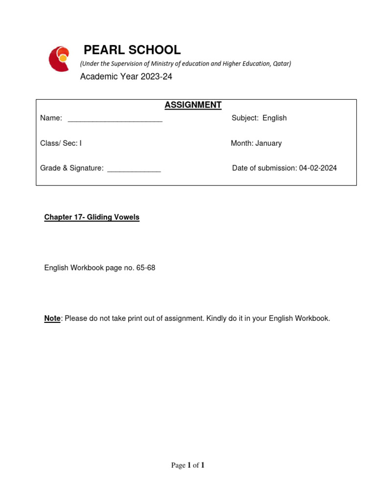 Class 1 English January Assignment 1 2 Pdf