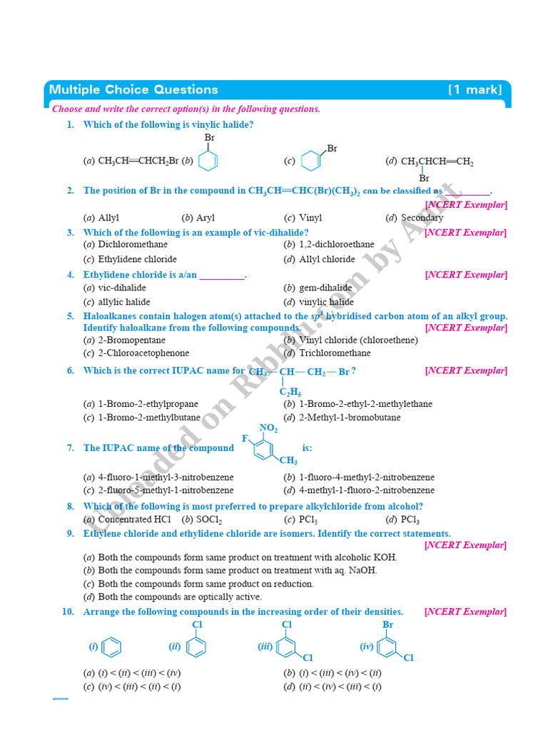 MCQ Questions For Class 12 Chemistry Chapter 10 Haloalkanes and Haloarenes | PDF | Organic ...