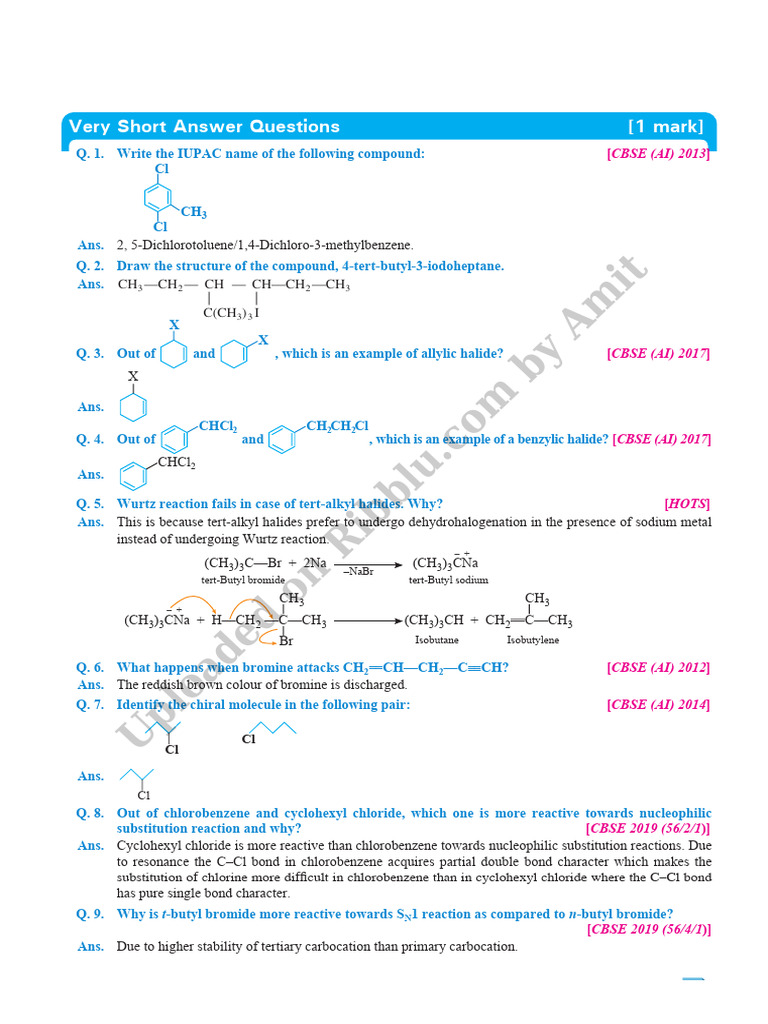 Important Questions For Class 12 Chemistry Chapter 10 Haloalkanes and Haloarenes | PDF | Methyl ...