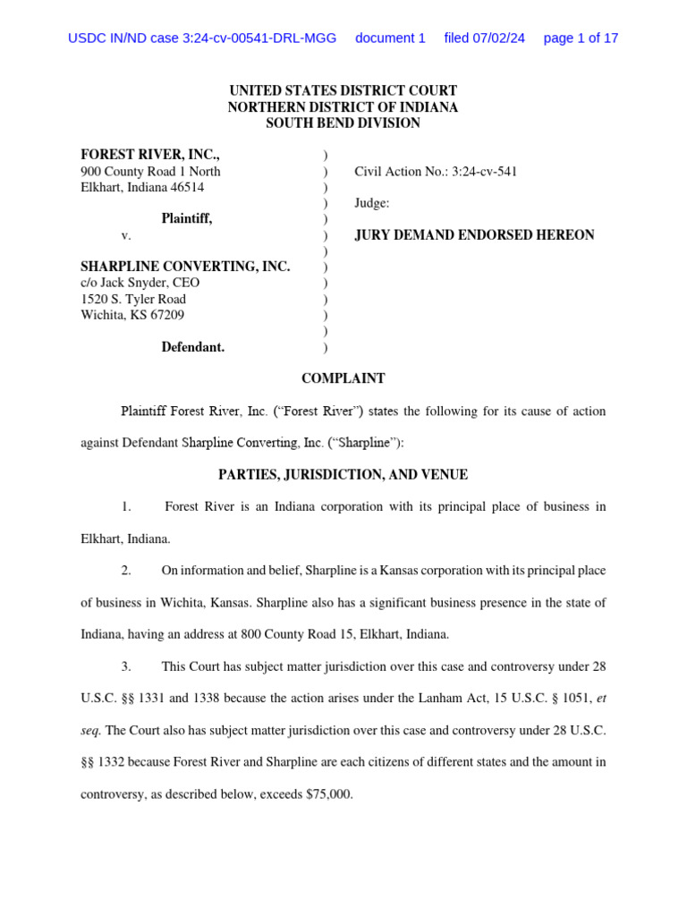 Forest River Complaint | PDF | Complaint | United States District Court