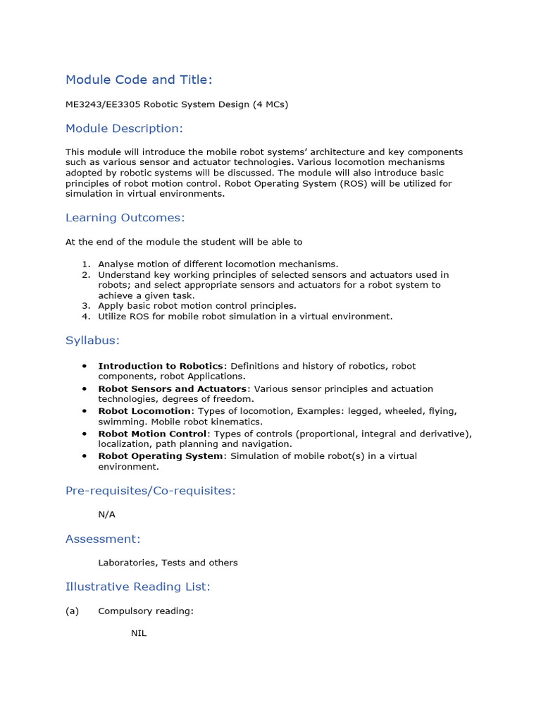 Descriptions of New Modules For Robotics Specialisation | PDF ...