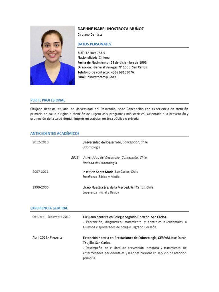 CV - Daphne Inostroza Muñoz | Descargar gratis PDF | Odontología | Chile