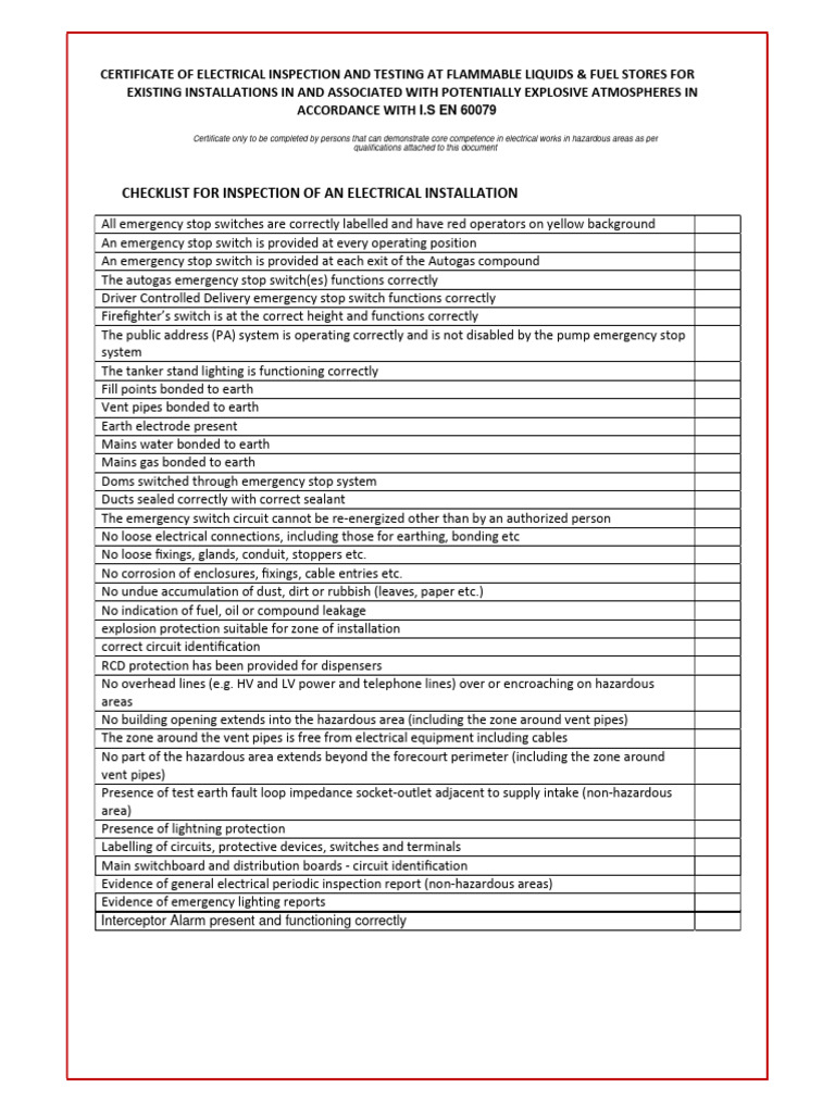 Checklist For Inspection of An Electrical Installation: I.S EN 60079 ...
