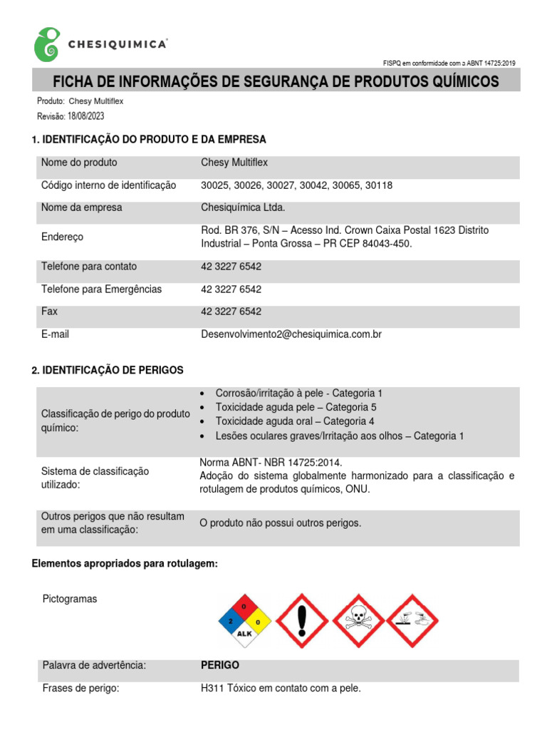 FISPQ Chesy Multiflex | PDF | Dióxido de carbono | Embalagem e rotulagem