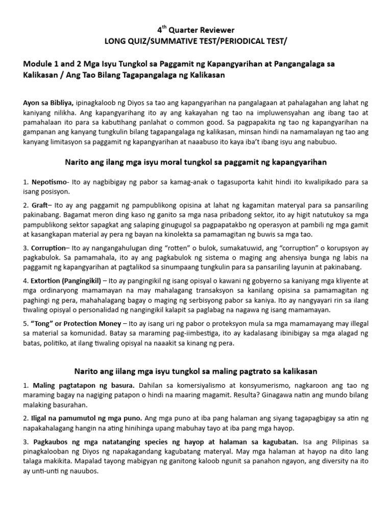 Q4 Reviewer Longquiz Summative Periodical Test | PDF