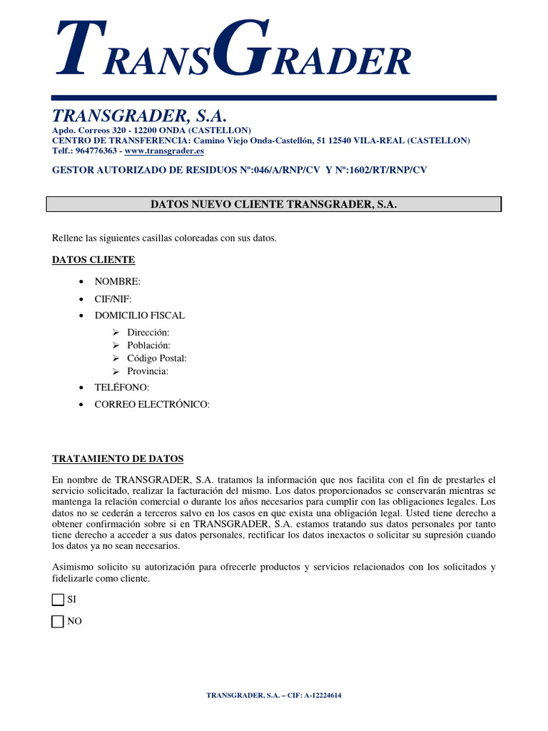 Datos Cliente TRANSGRADER | PDF