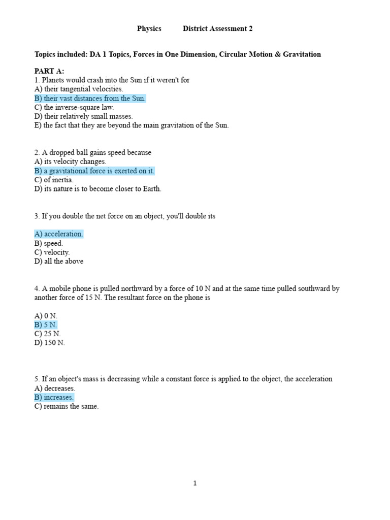 Physics District Assessment: Forces & Motion | PDF | Force | Weight