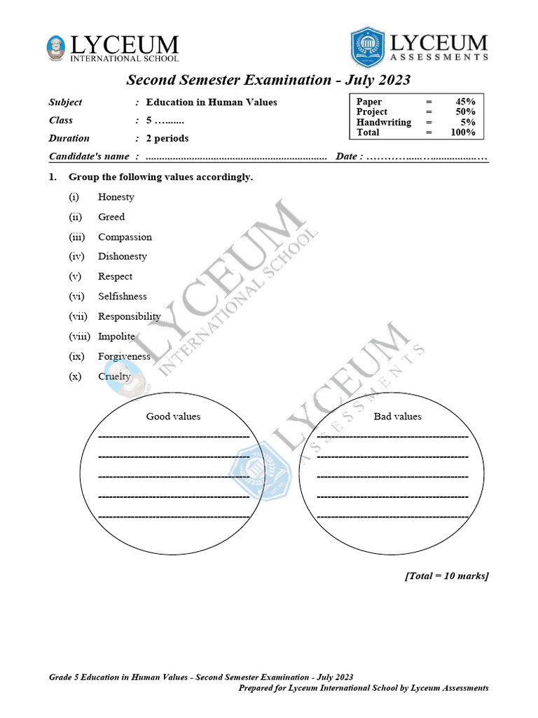 Grade 5 Human Values Exam July 2023 | PDF | Nonviolence | Social Psychology