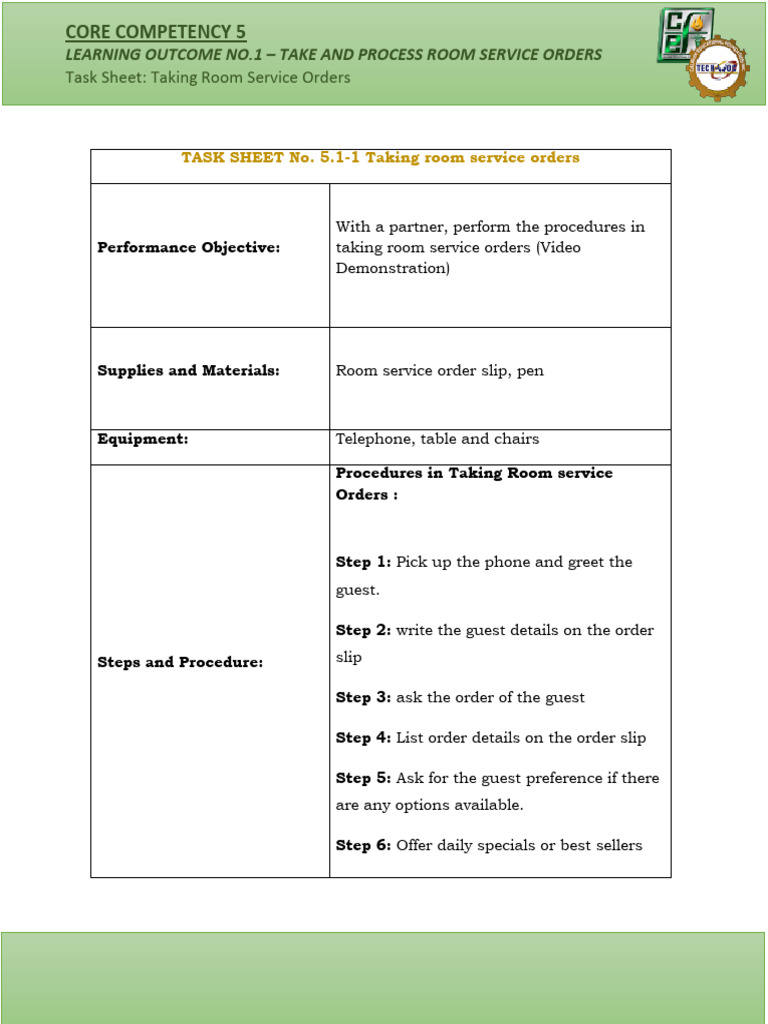 Task Sheet - Taking Room Service Orders | PDF