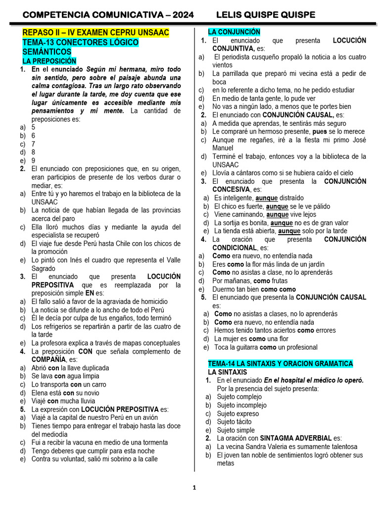 Repaso Ii - Iv Examen Cepru Lelis Quispe Quispe - Preguntas | PDF | Oración (Lingüística ...