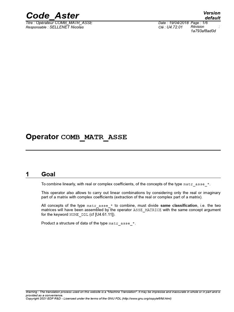 Code - Aster: Operator COMB - MATR - ASSE | PDF | Matrix (Mathematics ...