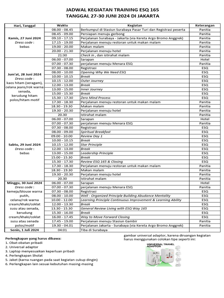 Jadwal Kegiatan Training ESQ 165 | PDF