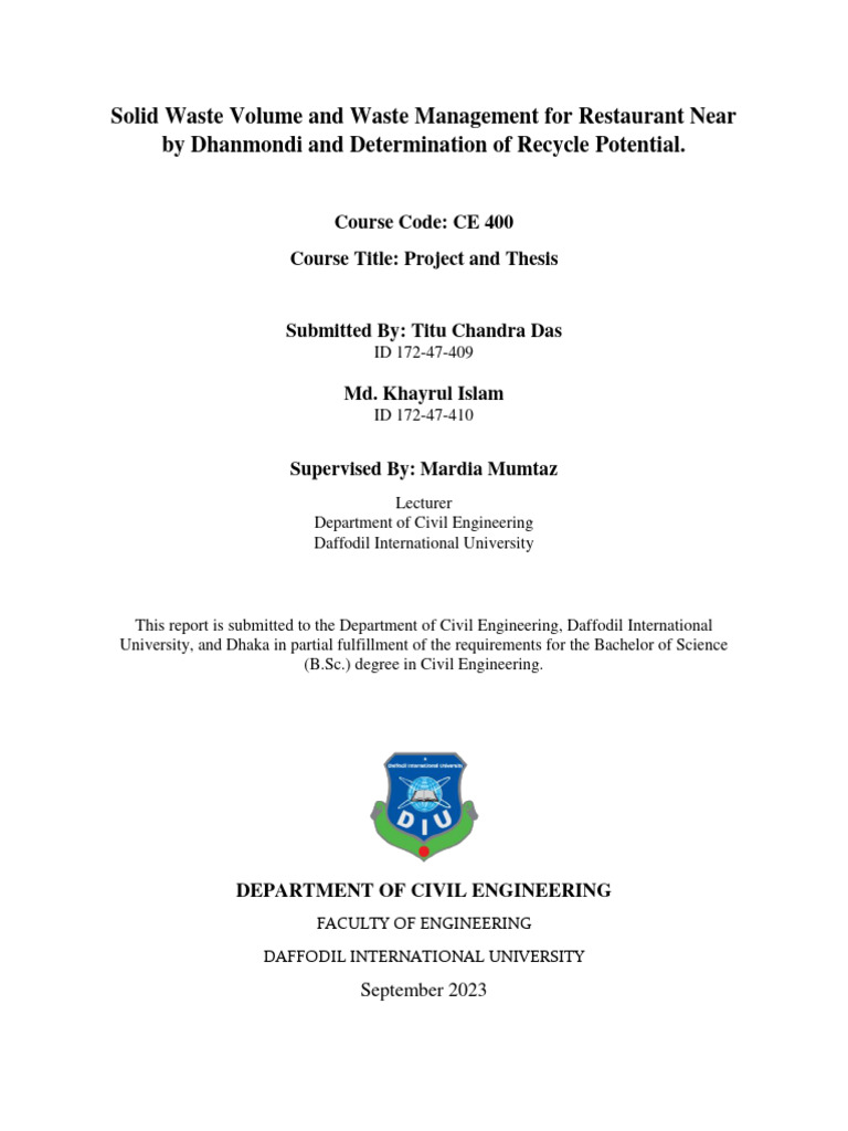 Solid Waste Volume and Waste Management for Restaurant Nearby Dhanmondi ...