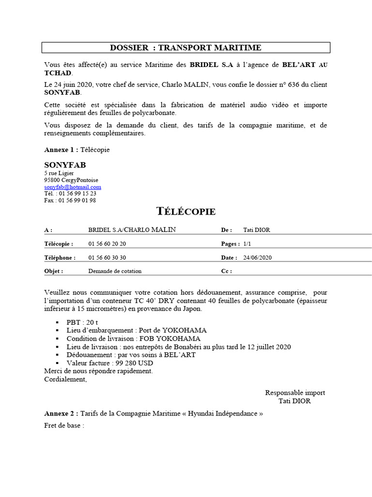 Cotation Transport Maritime pour SONYFAB | PDF | Transport | Économie