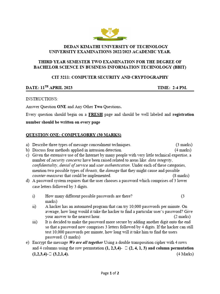 Computer Security Exam Questions 2023 | PDF | Public Key Cryptography ...