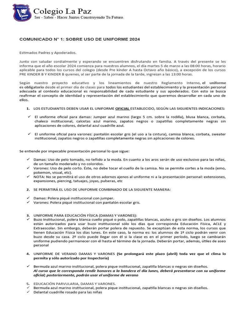 Comunicado N 1 SOBRE USO DE UNIFORME | PDF | Educación de la primera infancia | Moda