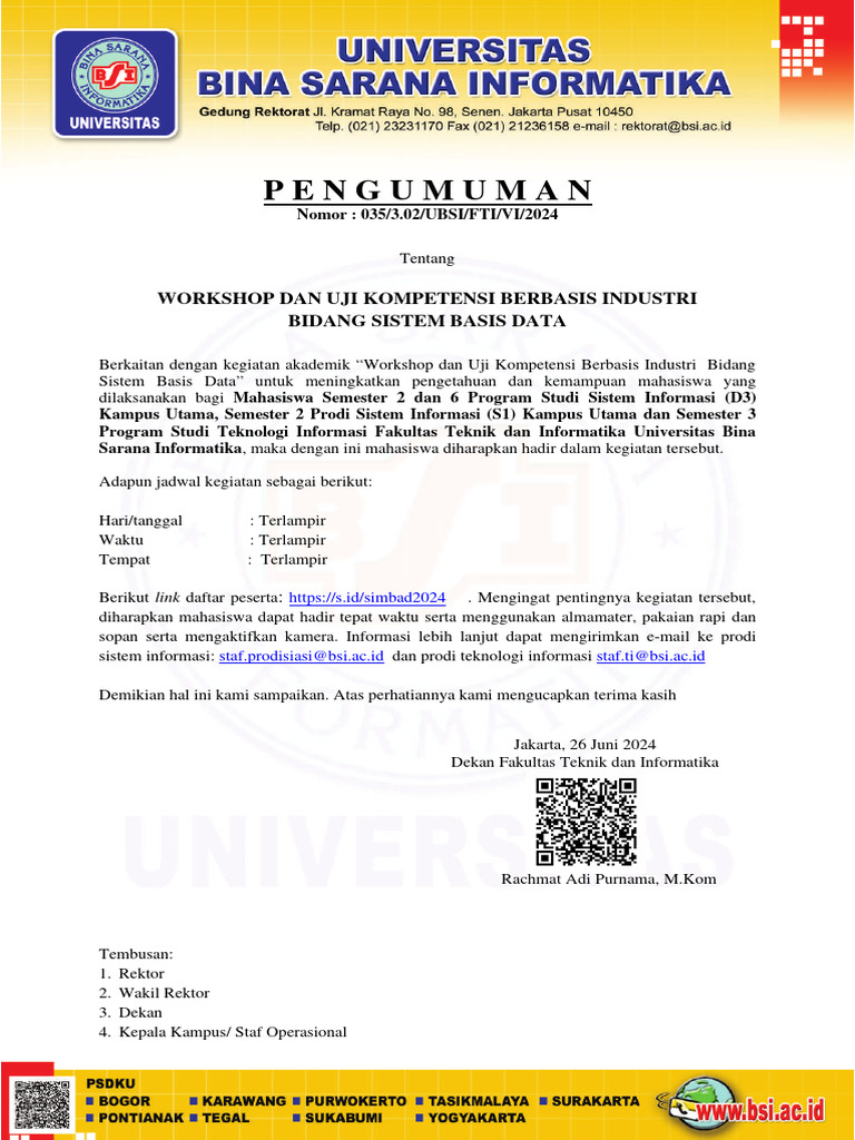 Pengumuman Workshop Dan Uji Kompetensi Berbasis Industri Sistem Basis Data Prodi SI | PDF