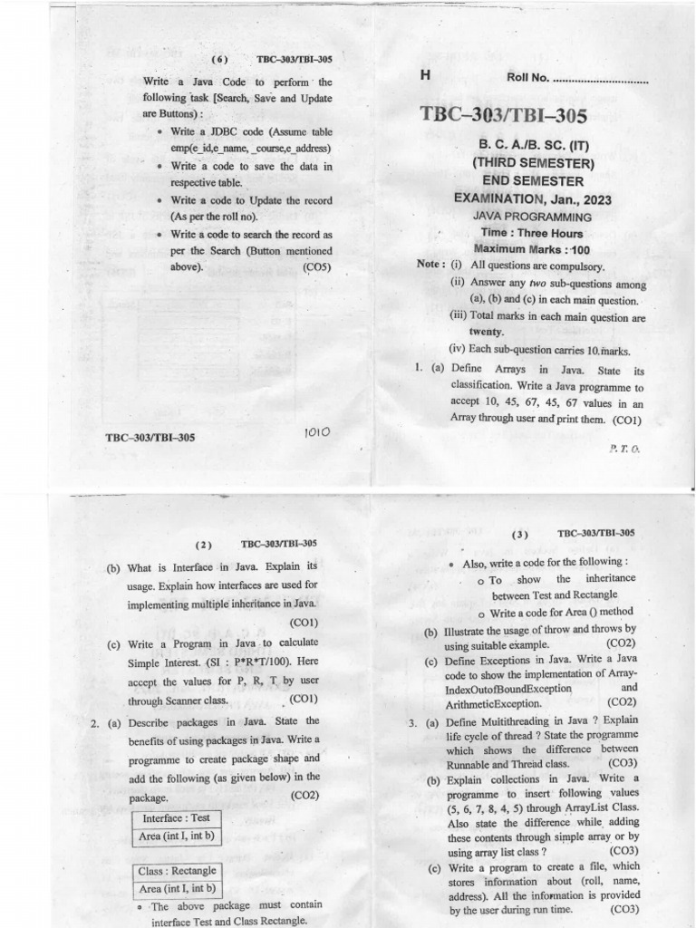 TBC-303 Java Programing Pyq For BCA BSC - It | PDF