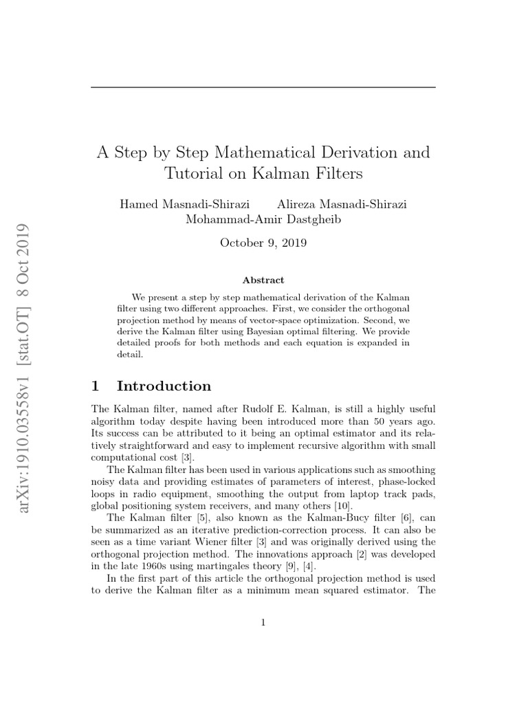 Step-by-Step Kalman Filter Derivation | PDF | Kalman Filter | Linear ...
