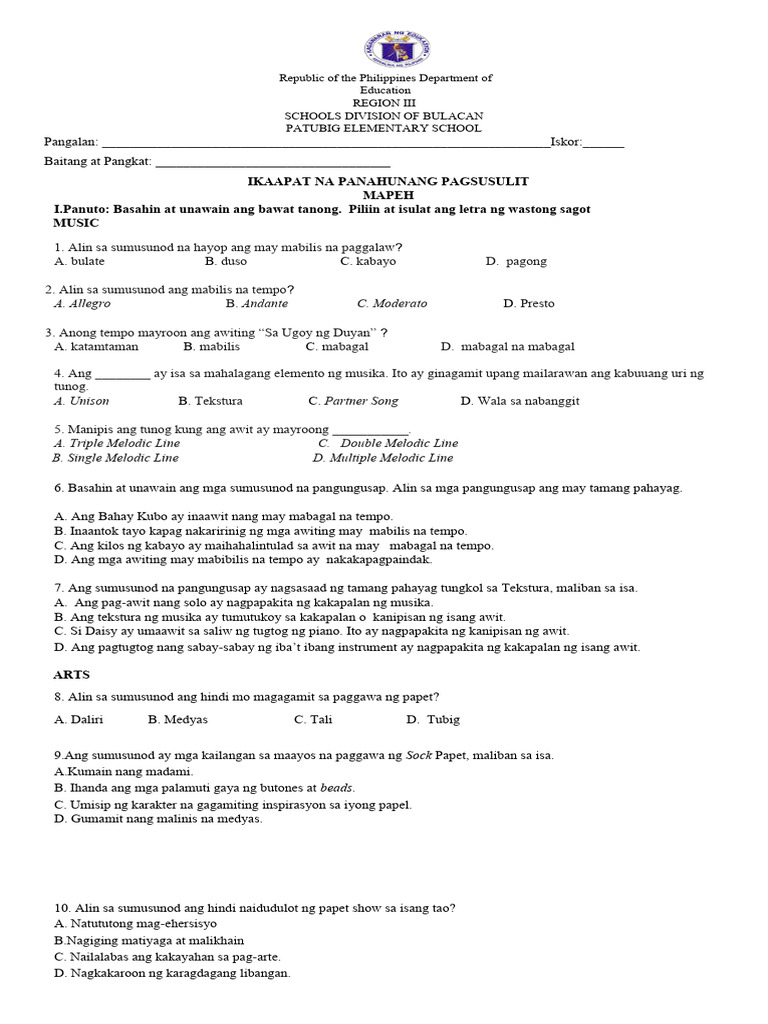 4th Quarterly Assessment MAPEH 3 | PDF